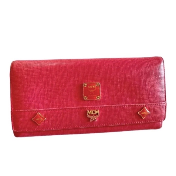 MCM | Bags | Mcm Red Leather Continental Wallet Logo Plaque Long Bifold ...